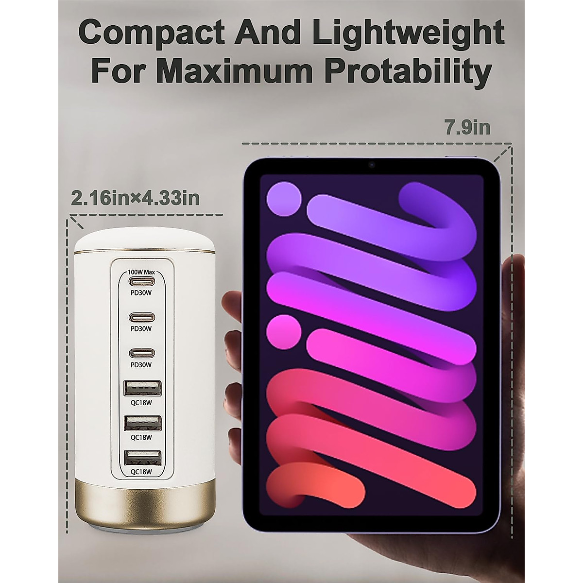 100W USB C Charger for Multiple Devices,6-Port 30W USB-C & 18W USB Ports- Compact, Space-Saving Design Fast Charging Tower for iPhone, Galaxy,Pixel, iPad, Watches,Home Office Use