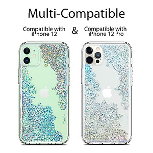 Coolwee Clear Glitter Compatible with iPhone 12 Case Thin Flower Slim Cute Crystal Lace Bling Women Girl Floral Hard Back Soft TPU Bumper Protective Cover for iPhone 12 Pro Mandala Henna Sparkle