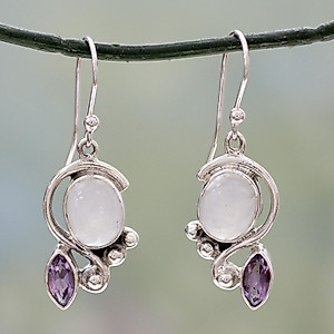 NOVICA Artisan Handmade Rainbow Moonstone Amethyst Dangle Earrings with Silver Sterling Purple Clear India Orchid Birthstone [1.6 in L x 0.5 in W x 0.2 in D] ' Twilight'