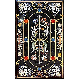 72" X 48" Inch Black Marble Coffee Table Rectangle Hand Made Inlaid With Natural Semiprecious Stones Marquetry