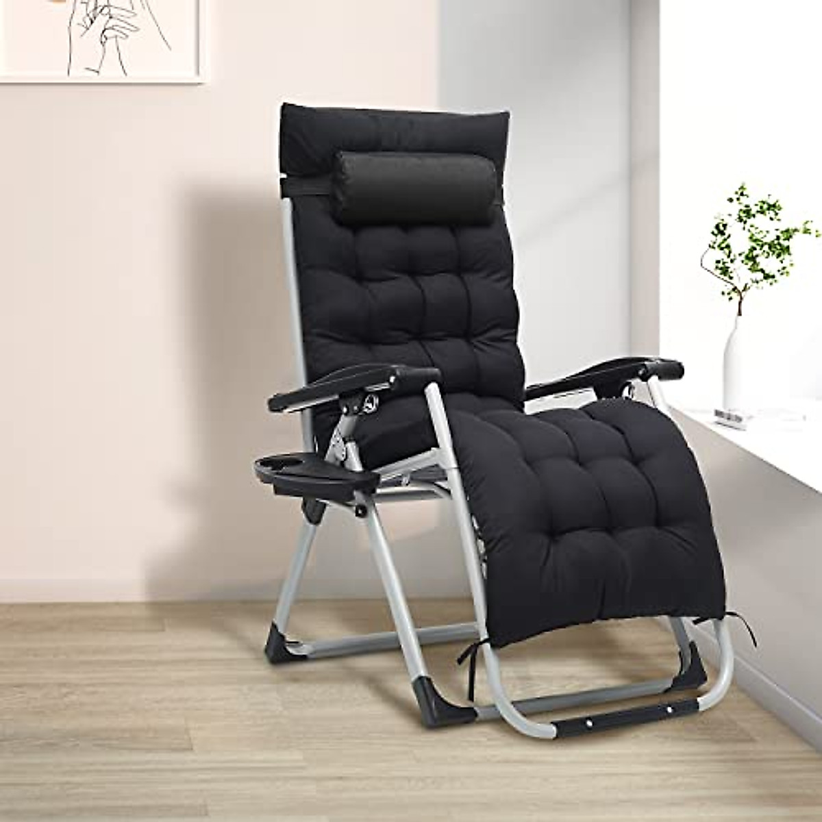 Magshion Zero Gravity Chair with Cushion, Reclining Outdoor Patio Lounge Chair, Folding Indoor Anti Gravity Recliner, Portable Lounger with Removable Cup Holder Side Tray and Pillow Headrest (Black)