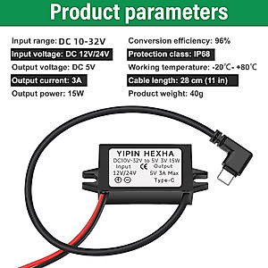 YIPIN HEXHA DC 24V/12V to 5V USB Type-C Right Angle Step Down Converter Output 3A 15W Buck Module Power Adapter, Compatible with Raspberry Pi 4, Mobile Phones