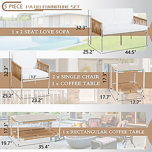 JAMFLY 5 Piece Patio Wicker Furniture Set, Outdoor Patio Furniture Rattan Conversation Set, All Weather Conversation Set for Backyard, Balcony, Deck with Soft Cushions and Glass Table