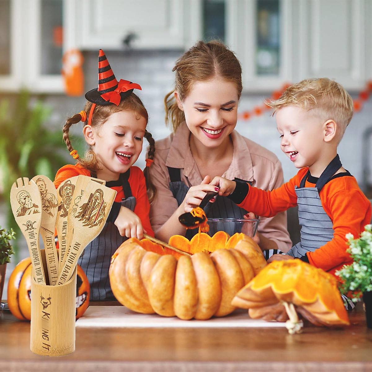 6Pcs Horror Movie Character Cooking Gift Set Wooden Spoons Utensils with Matching Holder - Halloween Movie Merchandise Laser Engraved Bamboo Spoons Set for Horror Movie Gifts, Horror Movie Party Decor