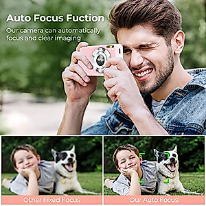 Digital Camera Auto Focus 2.7K Vlogging Camera HD 48MP 16X Digital Zoom Camera with 32G Memory Card 2 Batteries & Charger YouTube Portable Mini Compact Camera for Kids Teens Adult Beginner Pink