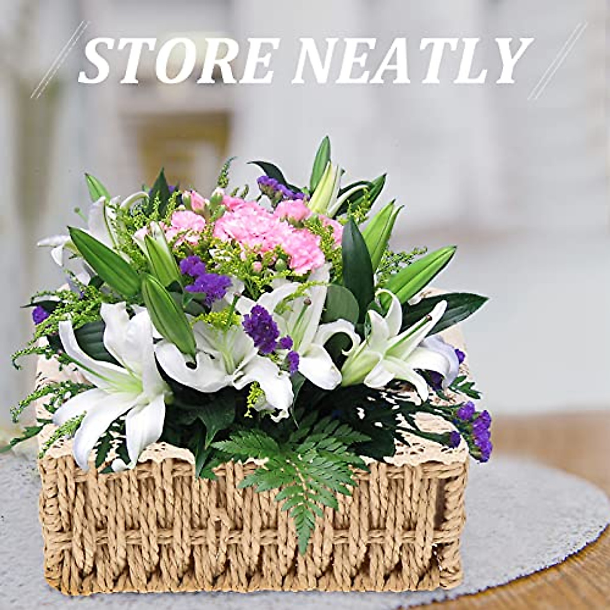 Veemoon . Snacks Makeup Bowls Seagrass Cloth Candy Books Tabletop Inch Food Office Shelves Holder Organizer Storage Wooden M Baskets Bin Snack Rectangular Baskets, Woven Cosmetics Liner