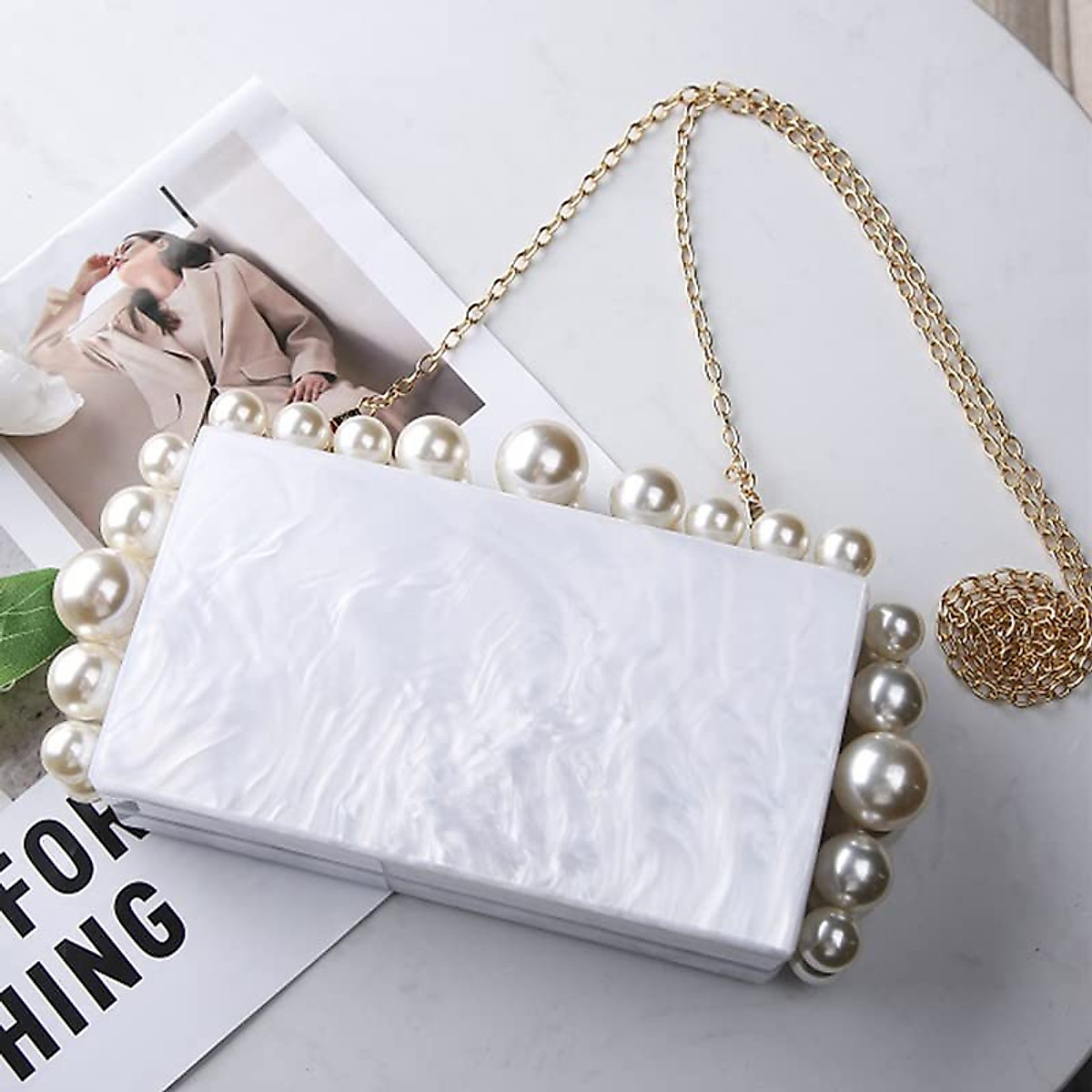 Acrylic Evening Clutch Bag for Women Pearl Acrylic Clutch Bag Glitter Marble Purse Handbag for Wedding Cocktail Party Prom (White)