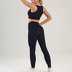 Women Workout Outfits 2 Piece Ribbed Seamless Crop Tank High Waist Yoga Leggings Sets