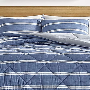 Nautica | Keller Collection | Ultra Soft & Cozy Silky Microfiber Reversible Box Quilted Comforter Matching Shams, 3-Piece Bedding Set, Queen, Blue/Grey