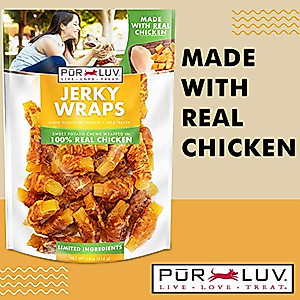 Pur Luv Chicken and Sweet Potato Jerky Wraps Rawhide Free Dog Treats, Healthy, Easily Digestible, Long Lasting, and High Protein Dog Treat, 16 oz, Brown