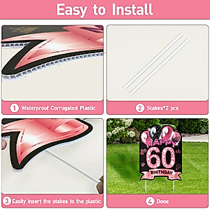 2Pcs Rose Gold 60th Birthday Yard Sign Decorations for Women, 16'' Happy 60th Birthday Waterproof Lawn Signs Decorations with Stakes Made in 1963 Birthday Party Supplies Decor Outdoor