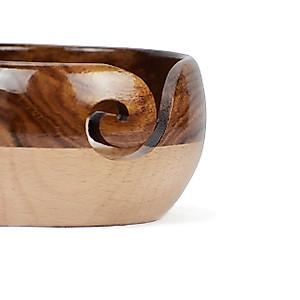 CRAFT INDIA Large Wooden Yarn Bowl | Handmade Knitting Wool Storage Bowl | Yarn Holder Dispenser with Holes to Prevent Slipping and Tangles for Knitting & Crocheting (Brown & Offwhite)