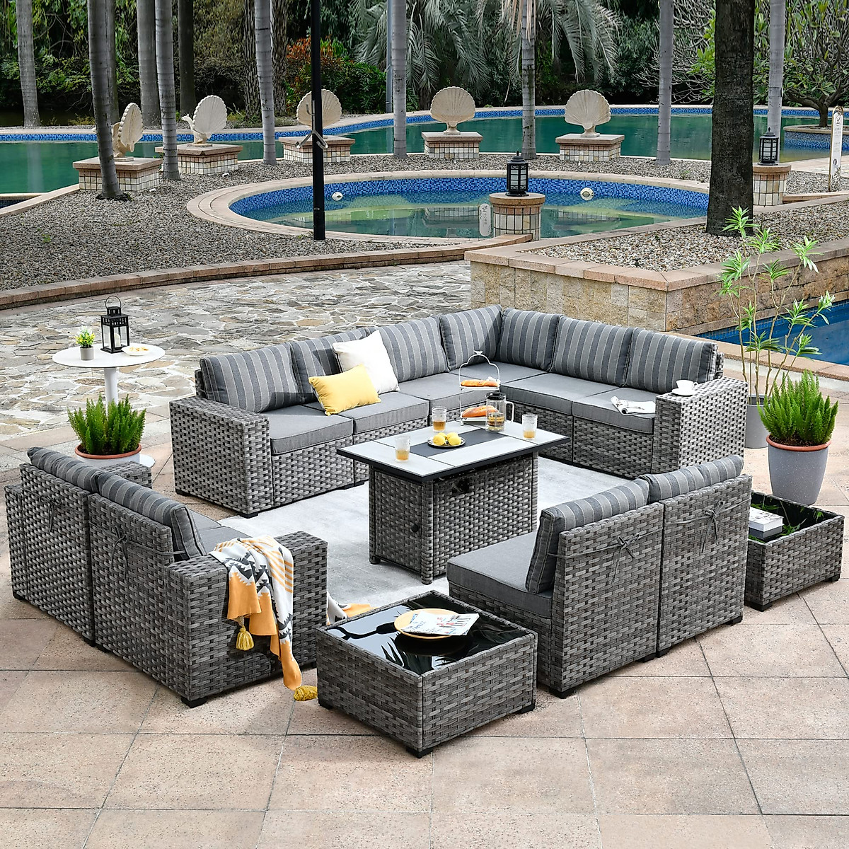 HOOOWOOO 13 Piece Modular Patio Outdoor Sectional Furniture Set with Gas Propane Fire Pit Table,Wicker Conversation Sofa Set,Out Door Couch Set with Wide Arm Outside(Grey Stripes)