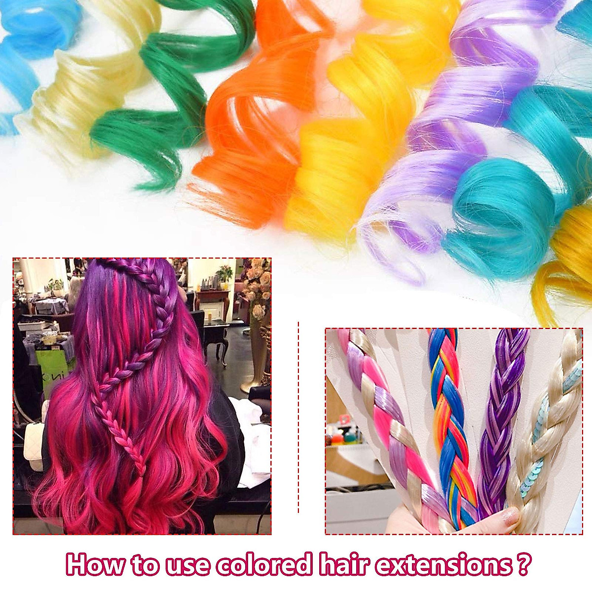 MEckily 12 Pcs Colored Hair Extensions Party Highlights, Curly Wavy Hairpiece Clip in Synthetic Streak for Kids Girls Women 17 inch(Pink)