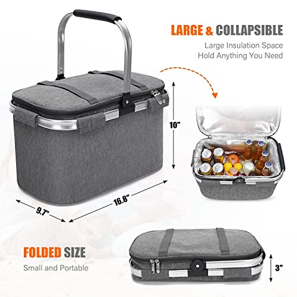 HappyPicnic Cooler Tote Bag 26L, Collapsible Picnic Basket Cooler with Aluminium Handle for Food, Shopping Grocery, Work or Outdoor Hiking Men Woman