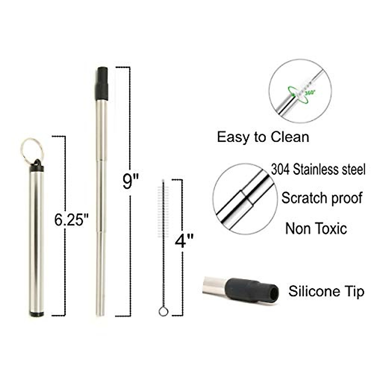 Suck It Select 2 Pack Collapsible Telescopic Reusable Stainless Steel Metal Straws with Silicone Tips and Travel Cases (Black Stripe)
