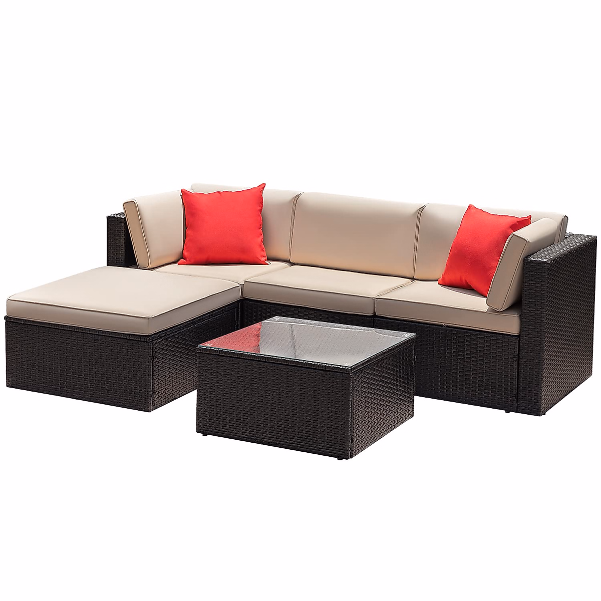 Flamaker 5-Piece Patio Furniture Set - Outdoor Wicker Sectional Sofa with Thick Cushions & Tempered Glass Table - Ideal for Deck, Porch, Terrace (Beige)