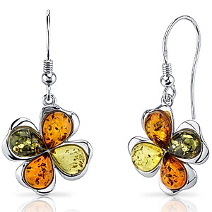 Peora Genuine Baltic Amber Shamrock Lucky Clover Earrings for Women 925 Sterling Silver, Pear Shape, Rich Multiple Colors, Fishhooks