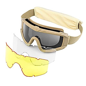 Xaegistac Airsoft Goggles, Tactical Safety Goggles Anti Fog Military Eyewear with 3 Interchangable Lens for Paintball Riding Shooting Hunting Cycling (Khaki)