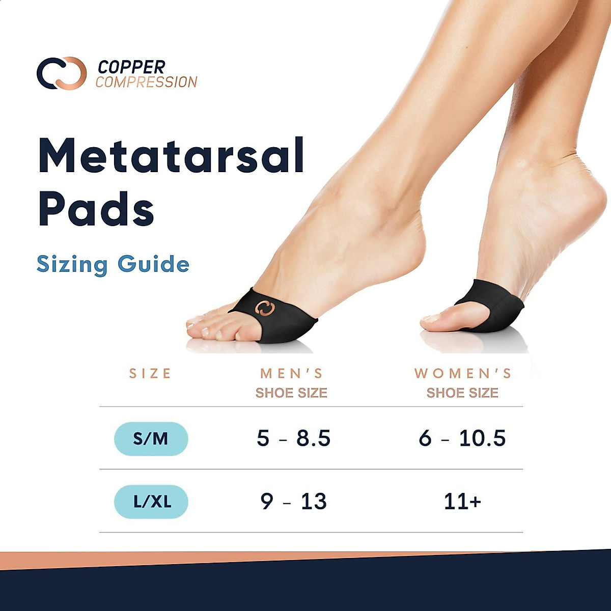 Copper Compression Metatarsal Pads for Women & Men - Orthopedic Ball of Foot Pain Relief Braces - Gel Cushions for Calluses, Bunions, Corns, Morton Neuromas - Fits Heels, Dress Shoes - S/M