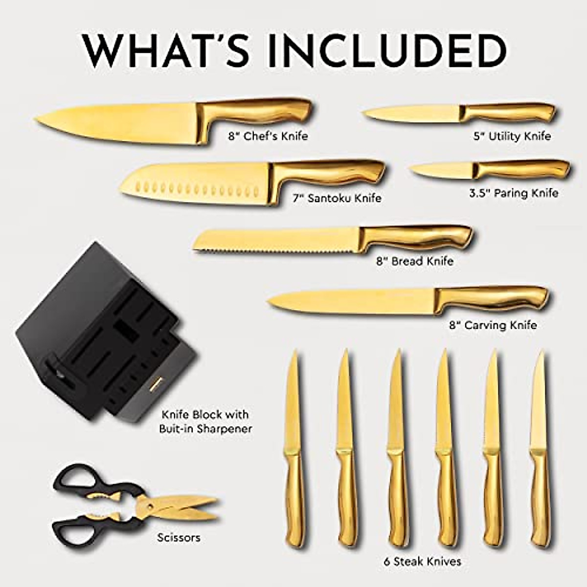 Black and Gold Knife Set with Block - 14 Piece Gold Knife Set with Sharpener Includes Full Tang Gold Knives and Self Sharpening Knife Block Set - Black and Gold Kitchen Accessories, Gold Kitchen Decor