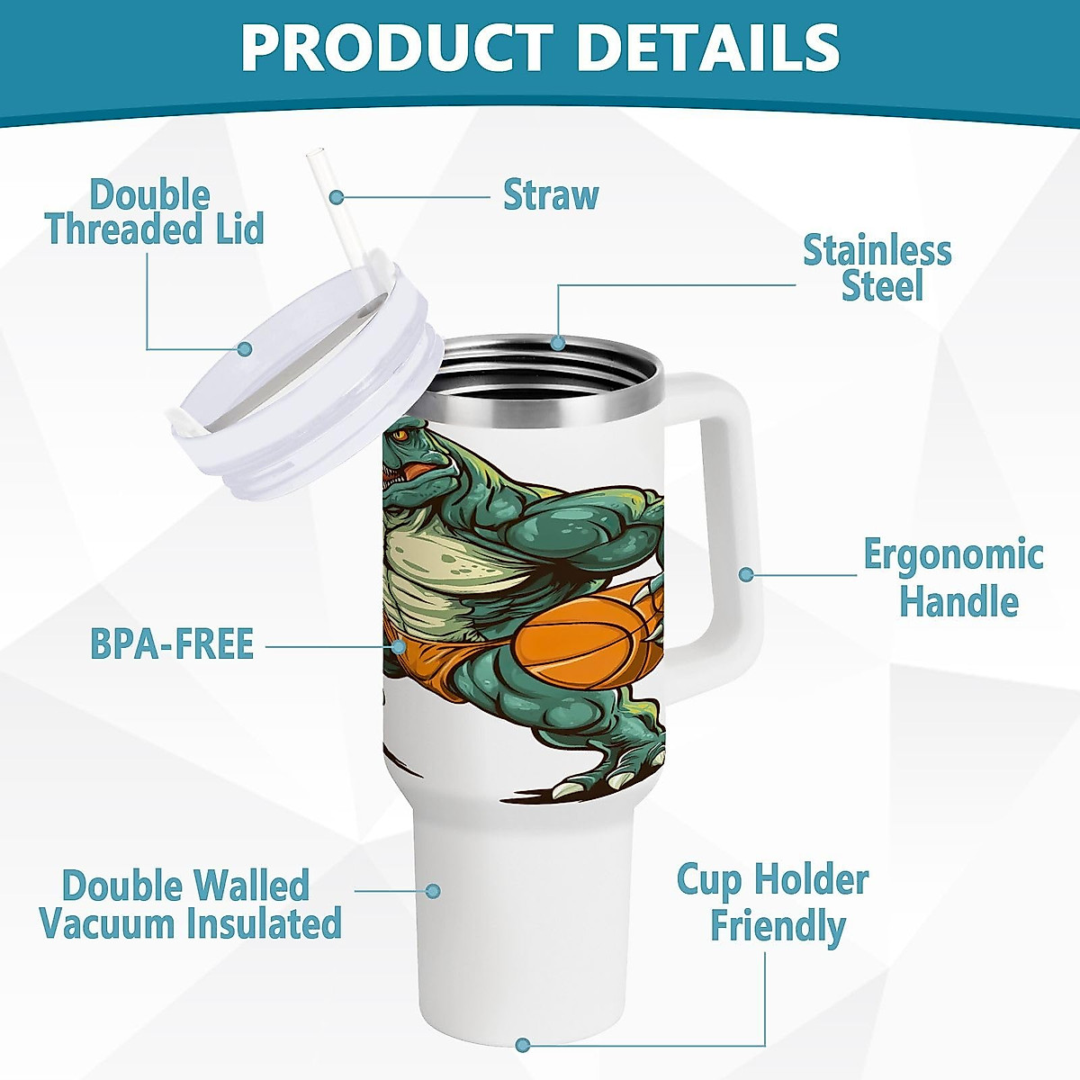 Jihqo Dinosaur Playing Basketball 40 oz Stainless Steel Vacuum Insulated Tumbler with Handle and Straw Lid Reusable Leakproof Water Bottle Double Wall Travel Mug Coffee Cup, Cupholder Friendly