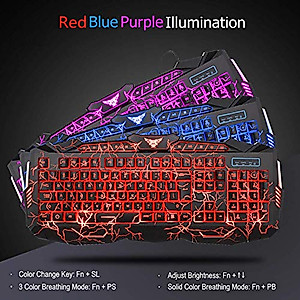 BlueFinger Gaming Keyboard Mouse Headset Combo,USB Wired Crack Backlit Keyboard,114 Keys Letters Glow LED Keyboard,Red LED Light Headset for Laptop PC Computer Work and Game