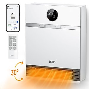 Dreo Smart Wall Heater, IP24 Electric PTC Space Heater for Indoor Use, 30° Oscillation, Adjustable Thermostat, Remote Control, Works with Alexa, 24H Timer, Easy-mounted Heater for Bedroom, Office