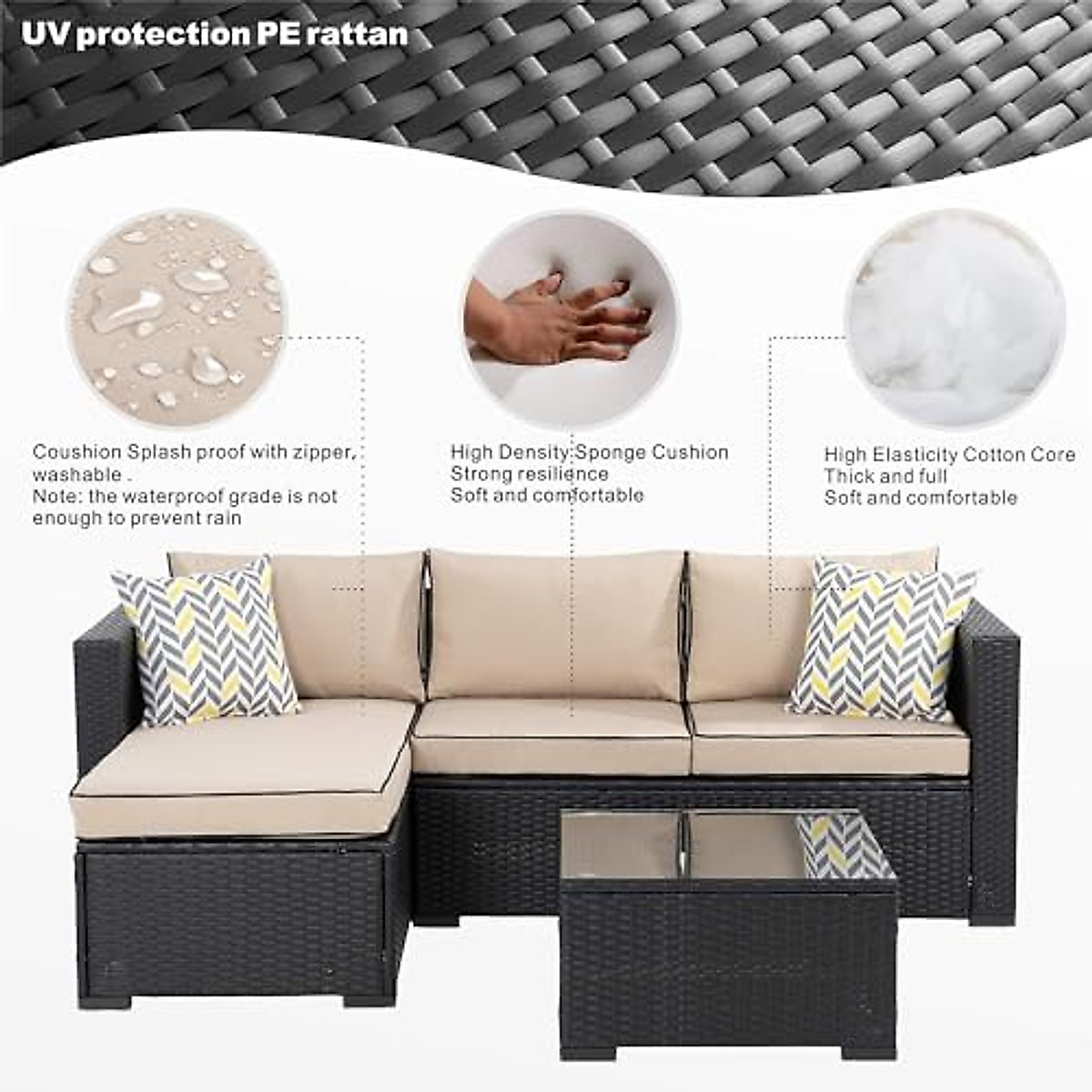 Walsunny Patio Furniture Set 3 Piece Outdoor Sectional Patio Sofa, All Weather Wicker Rattan Outdoor Furniture with Glass Table and Cushions(Black/Khaki)