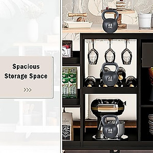 JVIBI Multipurpose Kitchen Cart Cabinet with Side Storage Shelves,Rubber Wood Top, Adjustable Storage Shelves, 5 Wheels, Kitchen Storage Island with Wine Rack for Dining Room, Home,Bar,Black