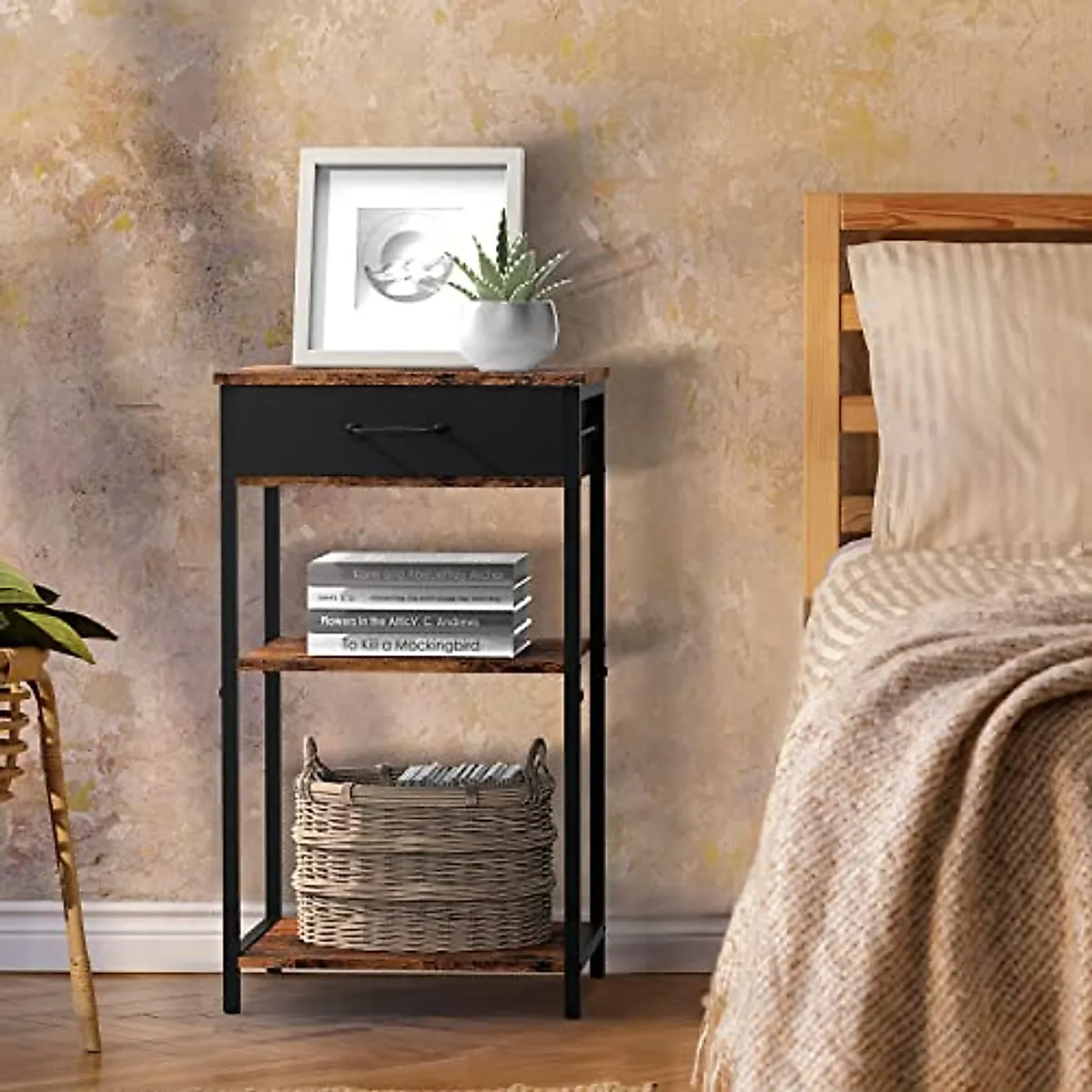 Industrial Printer Stand Rack 3 Tier Printer Table with Storage Printer Shelf with File Drawer Sofa Side Tables Nightstand for Bedroom Machine Stand Holder for Office and Home, Brown