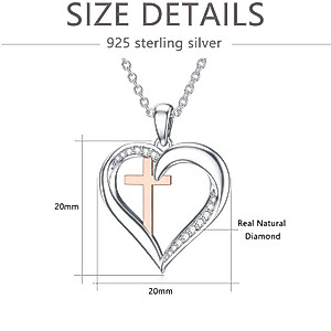 CTIEIP 1/10 Cttw Natural Diamond Heart Cross Pendant Necklace for Women 925 Sterling Silver Diamond Heart Jewelry Gift for Her