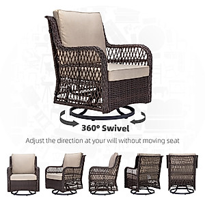 GAOMON Rattan Chairs Rocking Swivel Chair Outdoor Set with Side Table and Cushions, Patio Conversation Furniture Set 3 Piece for Outside Porch Deck Balcony Garden Backyard (Beige Cushions)