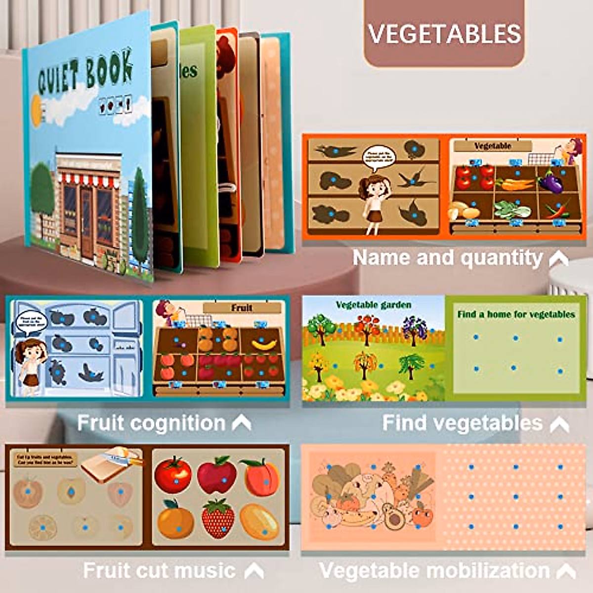 AMINY 4 Subjects Montessori Quiet Book Busy Board for Toddlers, Toddler Travel Toys, Sensory Toddler Activities, Montessori Educational Toys for 2 3 4 Year Old Boys Girls Gift