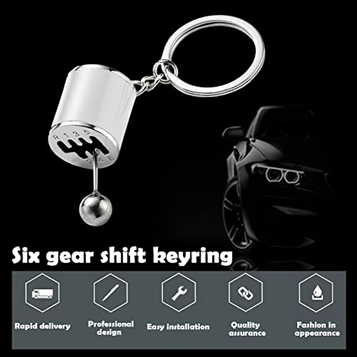 cueclue 1 Pack Car Shifter Keyring, Polished Metal Key Chain Model, 6 Speed Gear Key Clip, Universal Mini Keychain (Silver)