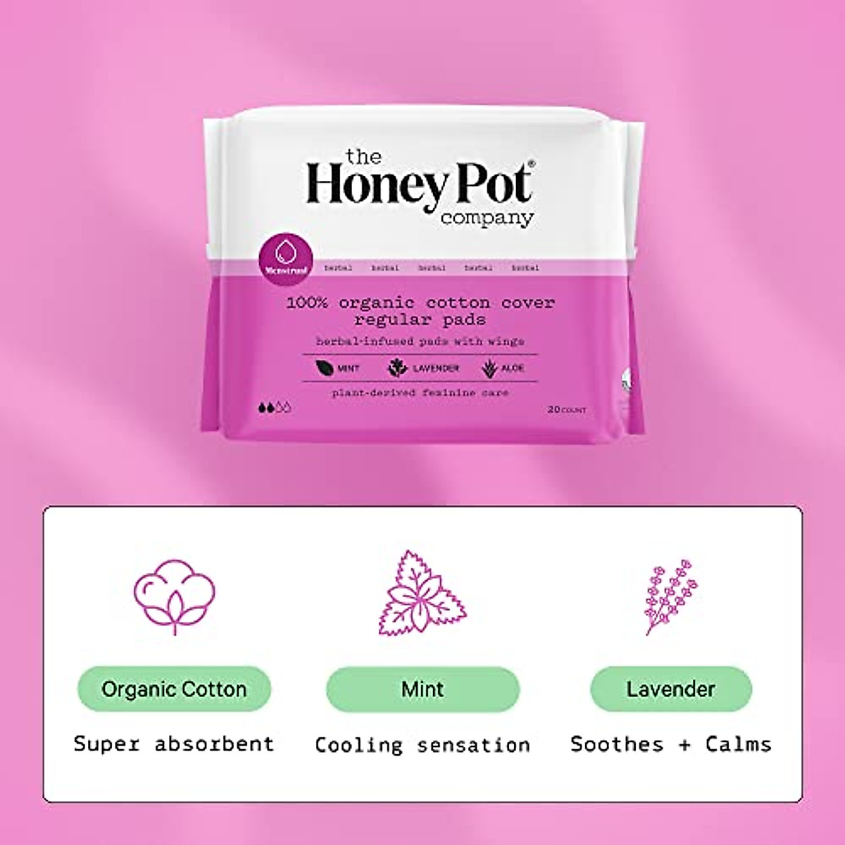 The Honey Pot Company - Regular Flow Pads with Wings - Organic Pads for Women - Herbal Infused w/Essential Oils for Cooling Effect, Cotton Cover, & Ultra-Absorbent Pulp Core - Feminine Care - 20 ct