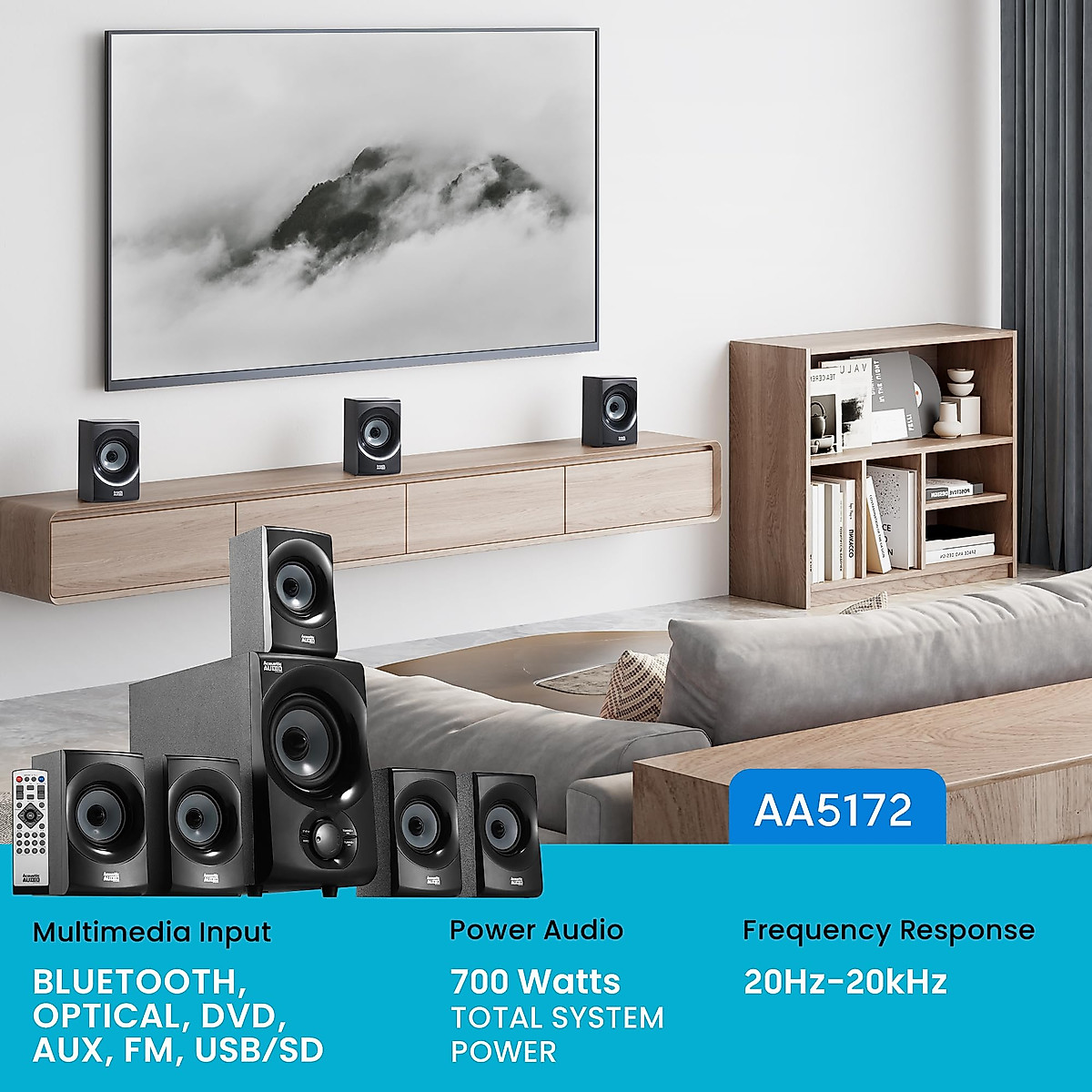 Acoustic Audio AA5172 700W Bluetooth Home Theater 5.1 Speaker System with FM Tuner, USB, SD Card, Remote Control, Powered Sub (6 Speakers, 5.1 Channels, Black with Gray)