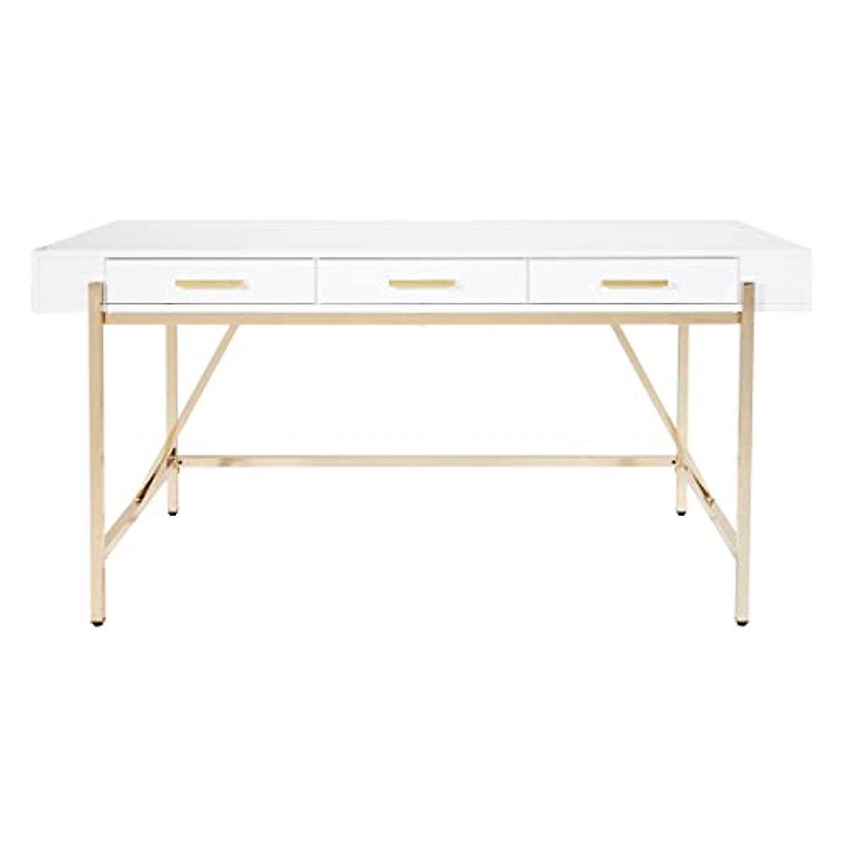 OSP Home Furnishings Broadway Modern Executive Desk with 3 Drawers and Charging Station, White Gloss Finish and Gold Frame