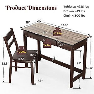 Tangkula Study Desk & Chair Set, Kids Learning Table with Drawer, Ergonomic Chair with Inclined Backrest, Students Computer Workstation with Solid Rubber Wood Feet, Teen Desk & Chair Set