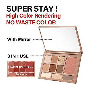 CARSLAN 10 In 1 Color Eyeshadow Palette, Matte, Shimmer, Glitter Pigment Eye Shadow Blush Makeup Pallete, Neutral Nudes Eye Makeup Palette with Mirror, 01.Coffee