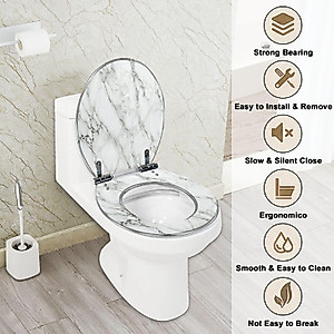 Round Toilet Seat natural White marble texture Creative Stone Resin Toilet Seat with Quietly Close Quick Release Hinges Decorative Toilet Seat with Cover Easy to Clean and Install