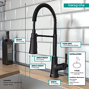 hansgrohe Joleena Black Commercial Kitchen Faucet, Kitchen Faucets with Pull Down Sprayer, Faucet for Kitchen Sink, Matte Black 04792670, 19.3-Inches Tall