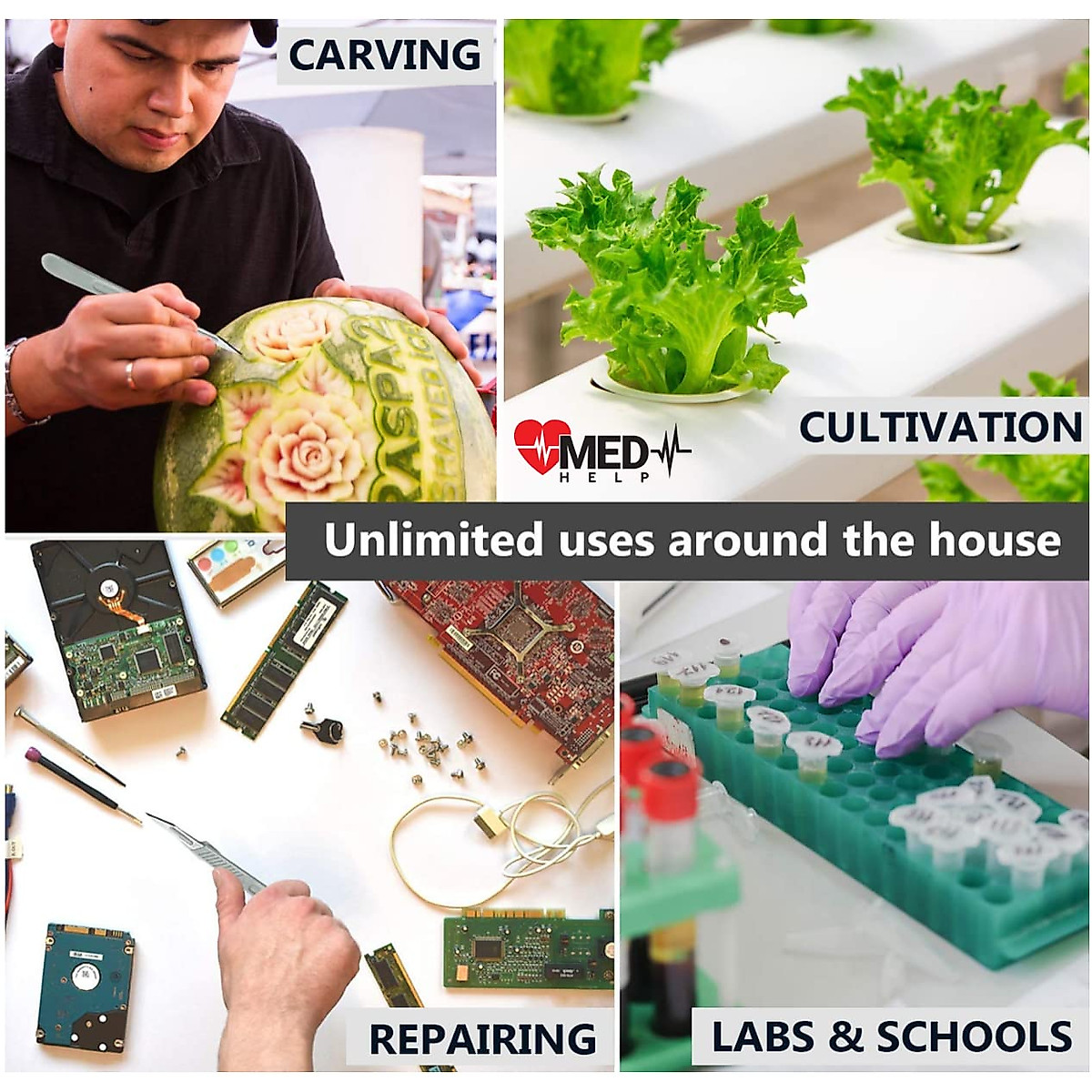 MedHelp Disposable Scalpel 11 Disposable Dermaplaning Blades with Plastic Handle, High Carbon Steel Dermablade Surgical Blades. Individually Wrapped 11 Blade, Sterile - Box of 10