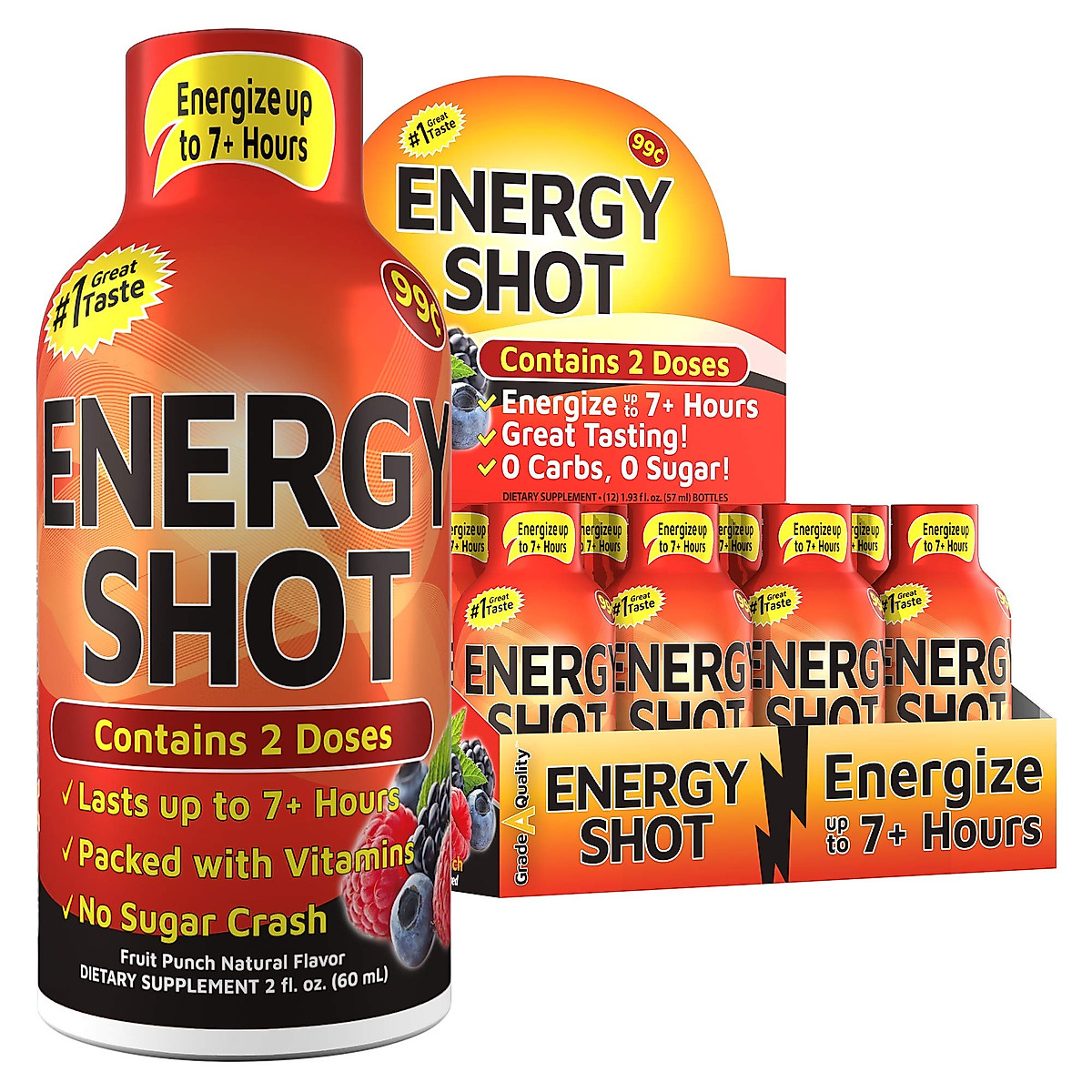Grade A Quality Shots, Fruit Punch Flavor, Up to 7+ Hours of Energy, 1.93 Fl Oz, 12 Count