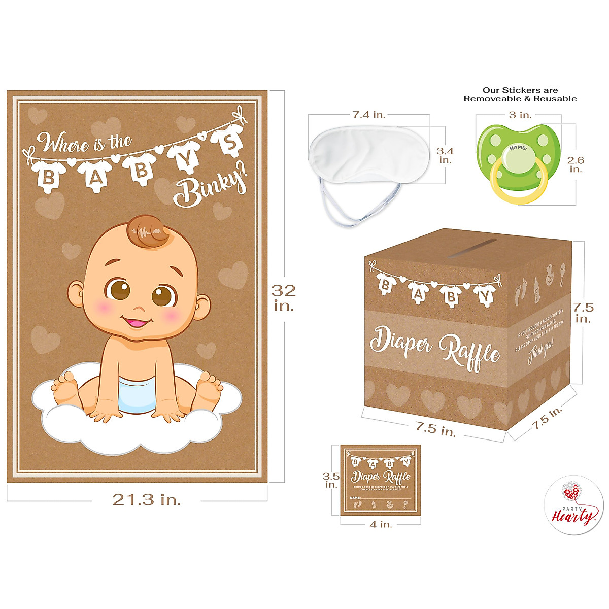 Party Hearty 2 Baby Shower Games, Pin The Pacifier on The Baby Game and 50 Pcs Diaper Raffle Tickets with Box, Bring a Pack of Diapers to Win, Pin The Binky on The Baby