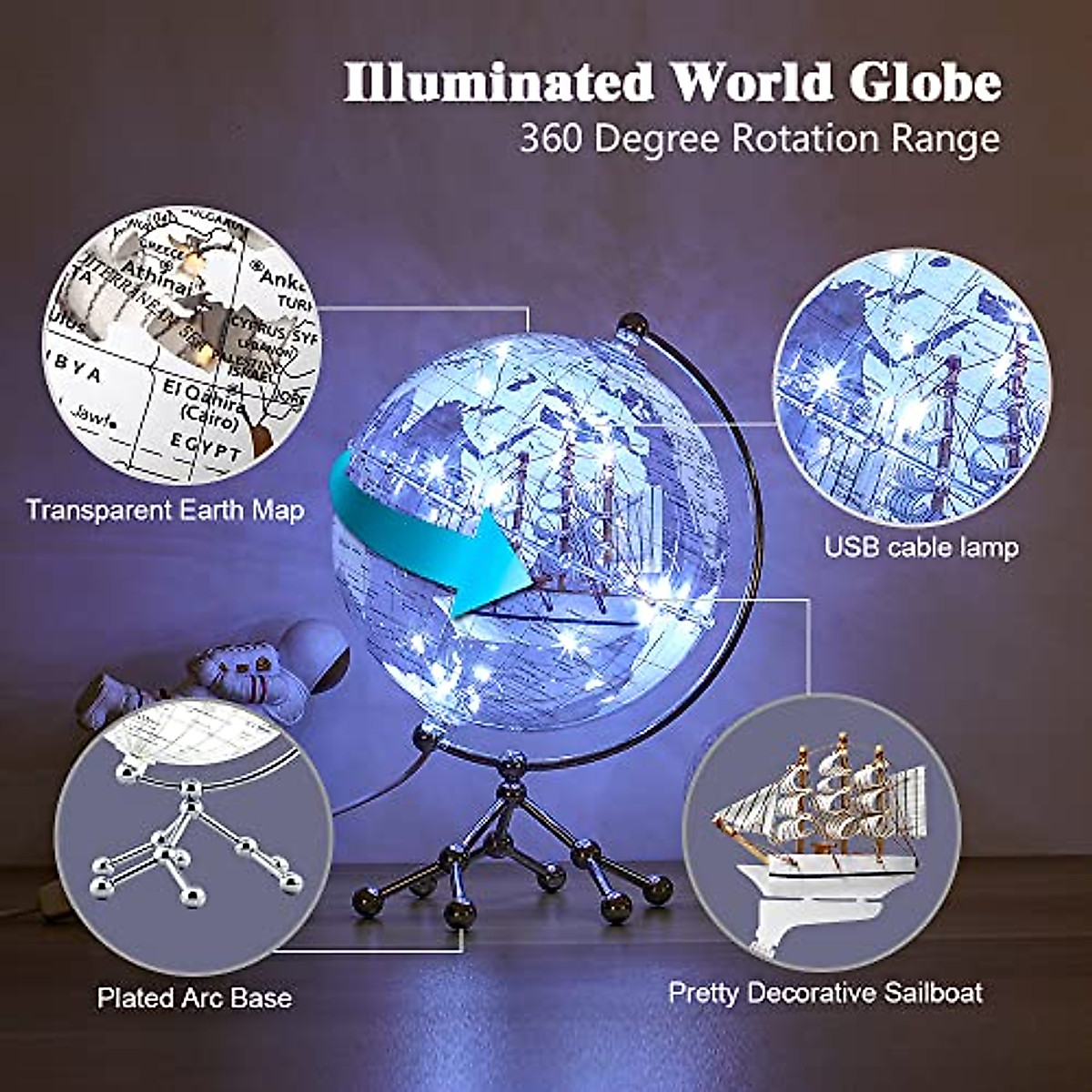 Tpmorwilfun Transparent Globe Illuminated Decorative World Globe 8" Diameter Gift Geographical Desktop Home Office Collectible Globe (White)