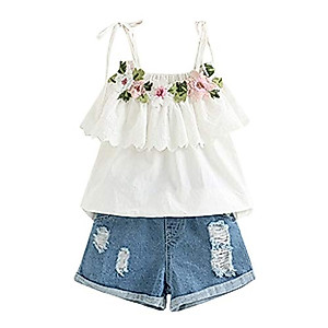 Baby Toddler Girls Summer Shorts Sets for 2-7 Years Old Kids Embroidery T-Shirt and Denim Shorts Outfits Clothes (6-7 Years Old, White)