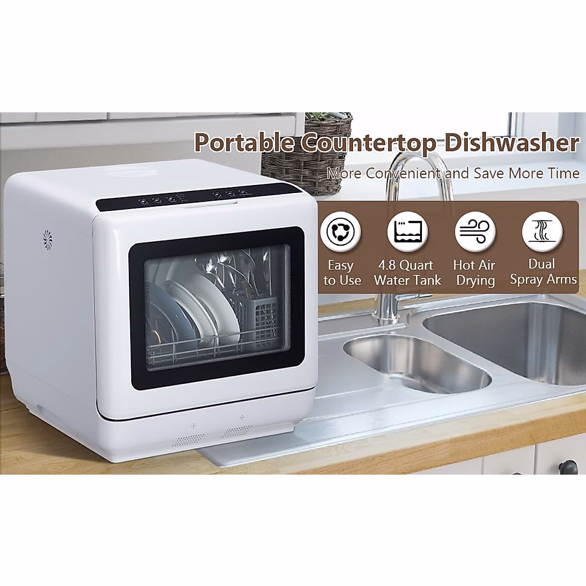 Agrestem Portable Dishwasher,Countertop Dishwasher with Water Tank,5 Programs, Dual Sprays,149℉ High Temp & Air Dry, Mini Dishwasher for RVs & Apartments