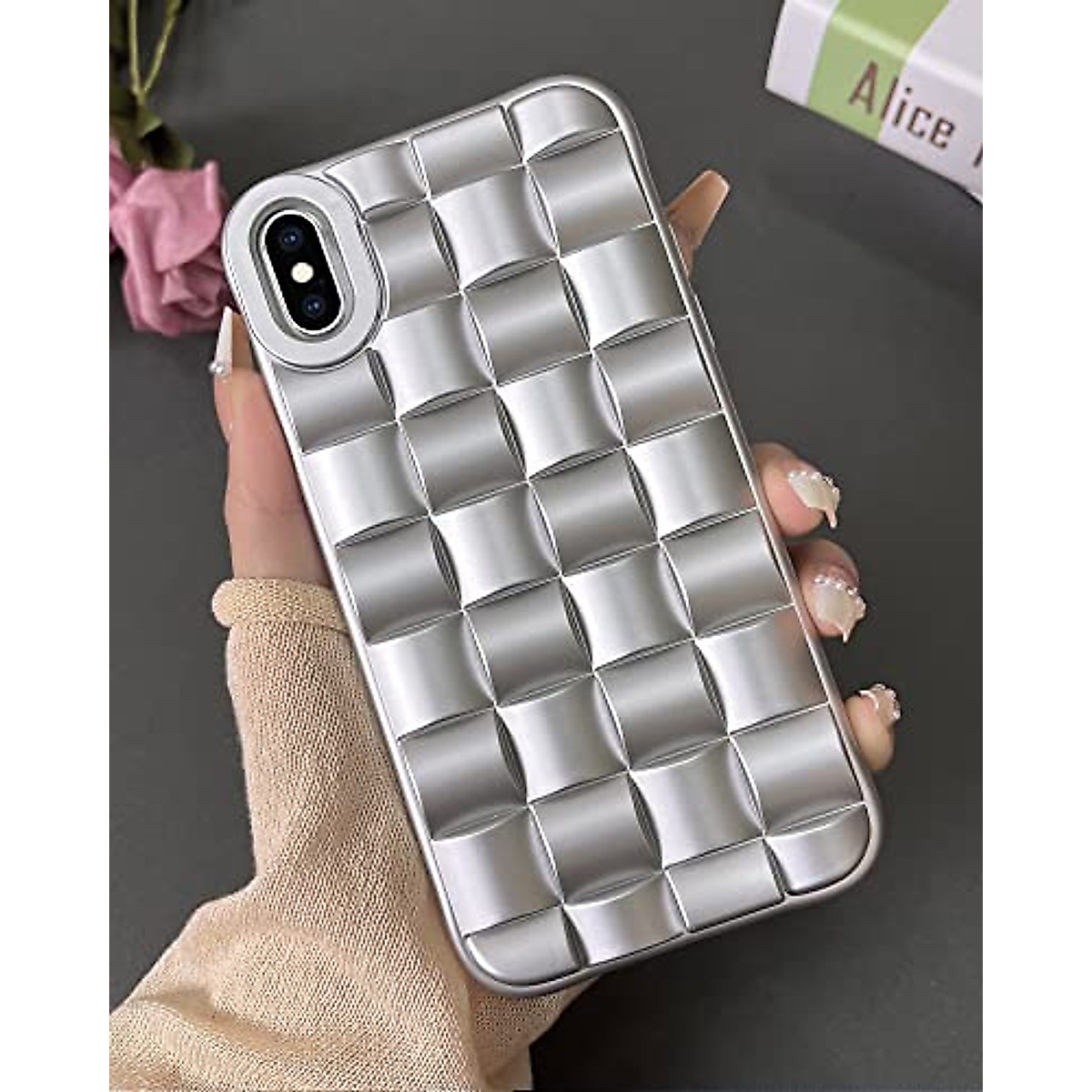 Ginkgonut Compatible with iPhone X/XS Case for Women/Girls, Cute 3D Laid Desgin Soft Silicone Shockproof Raised Bumper Corners Case for iPhone X/XS（Silver）