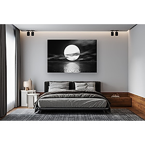 Cao Gen Decor Art S06481 Wall Art Canvas Sea White Full Moon in Night Picture Canvas Poster Print Black and White Ocean for Living Room Bedroom Kitchen Home Decorations Framed Artwork